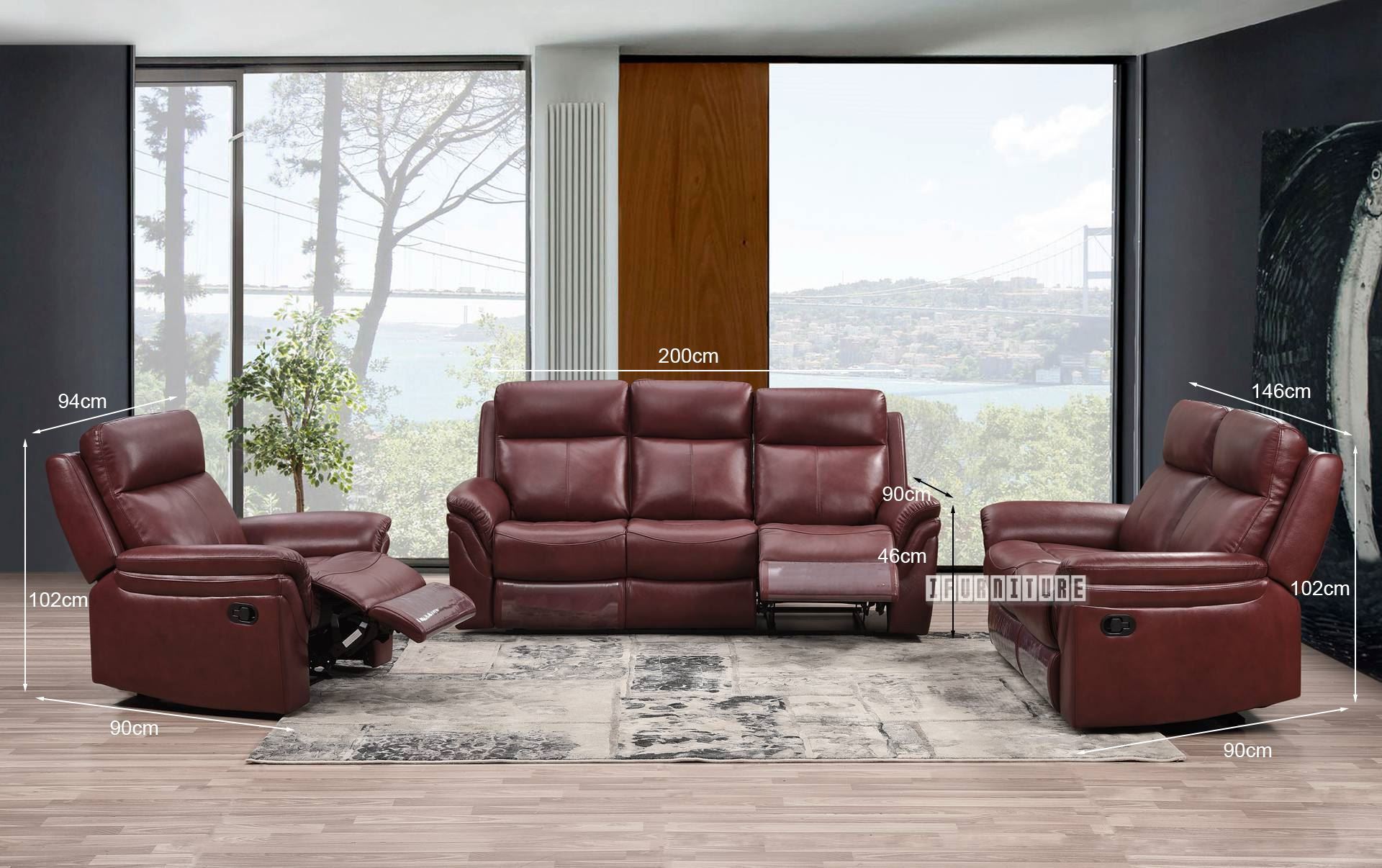 BREVILLE Reclining Genuine Leather Sofa (Wine Red)