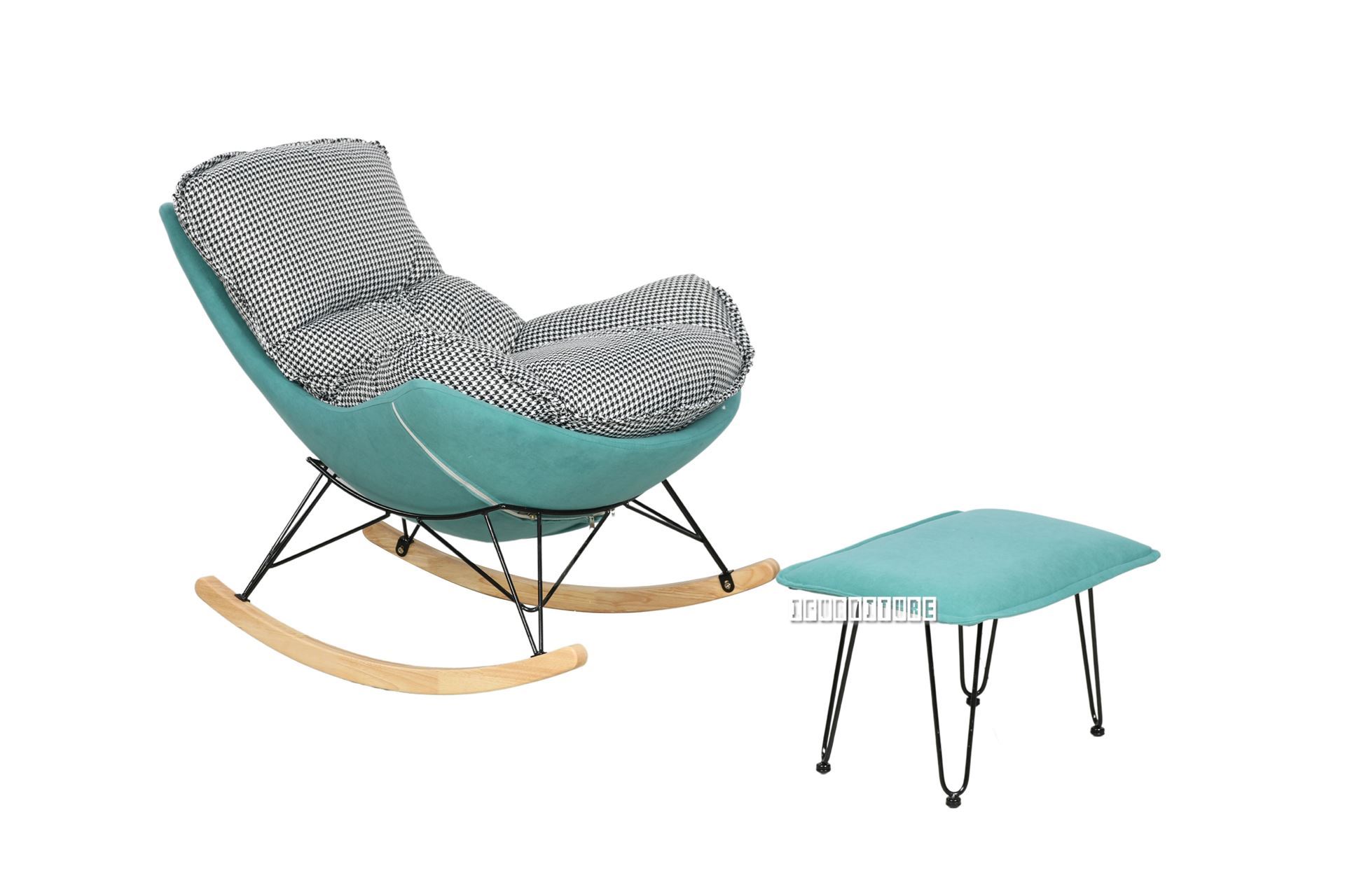 LOBSTER Fabric Rocking Chair With Footstool *Houndstooth and Blue