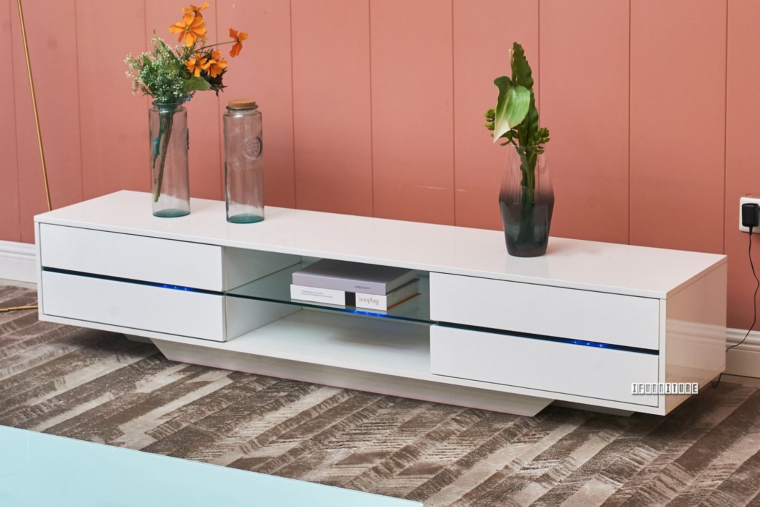 LASER 180 TV Unit with LED Lights (High Gloss White)