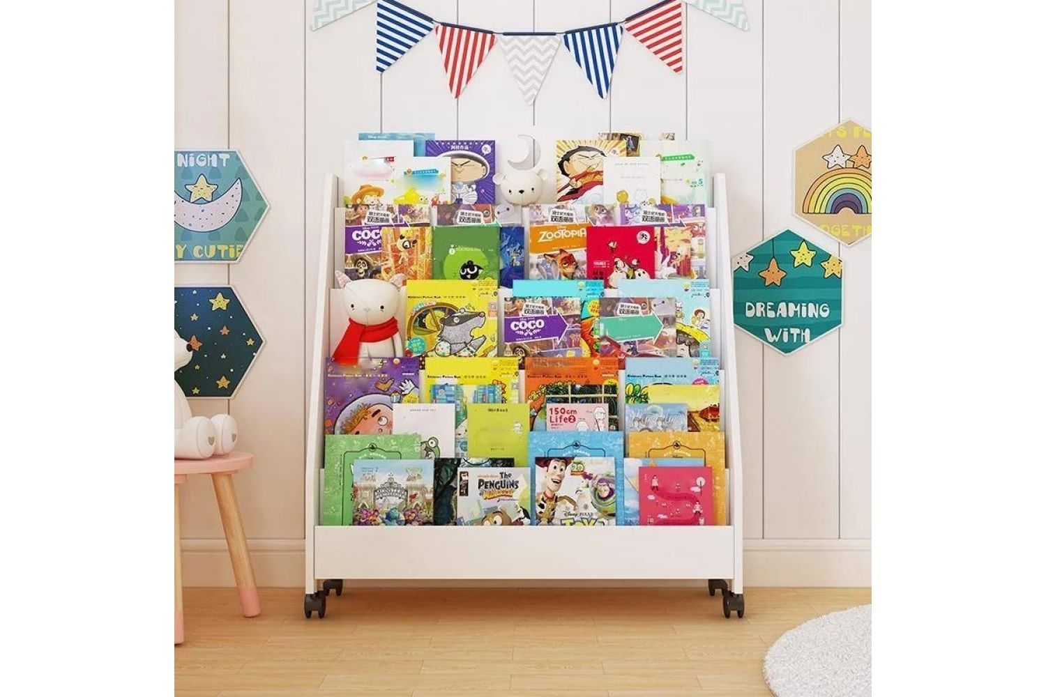 KAYLA Multiple Layers Children Storage Bookshelf with Wheels (White)