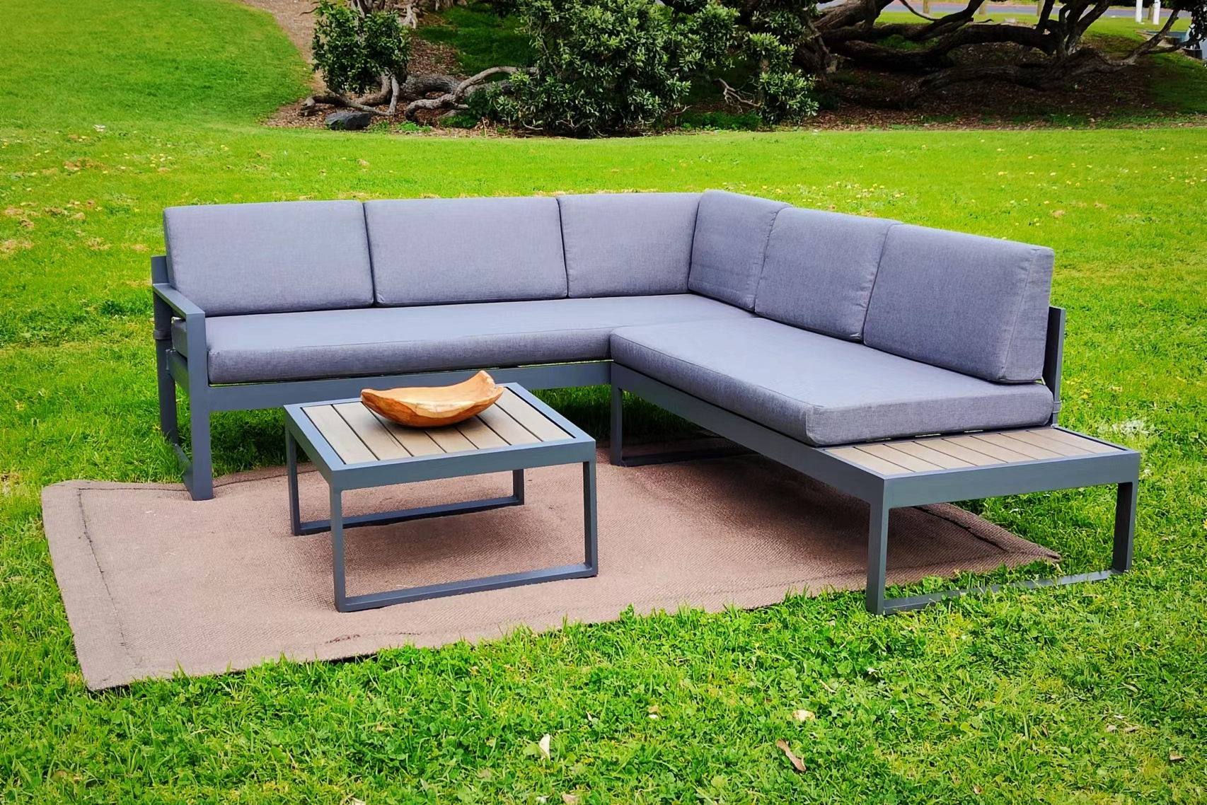 BELMOND Aluminium Sectional Outdoor Lounge Sofa Set (Dark Grey Cushions ...