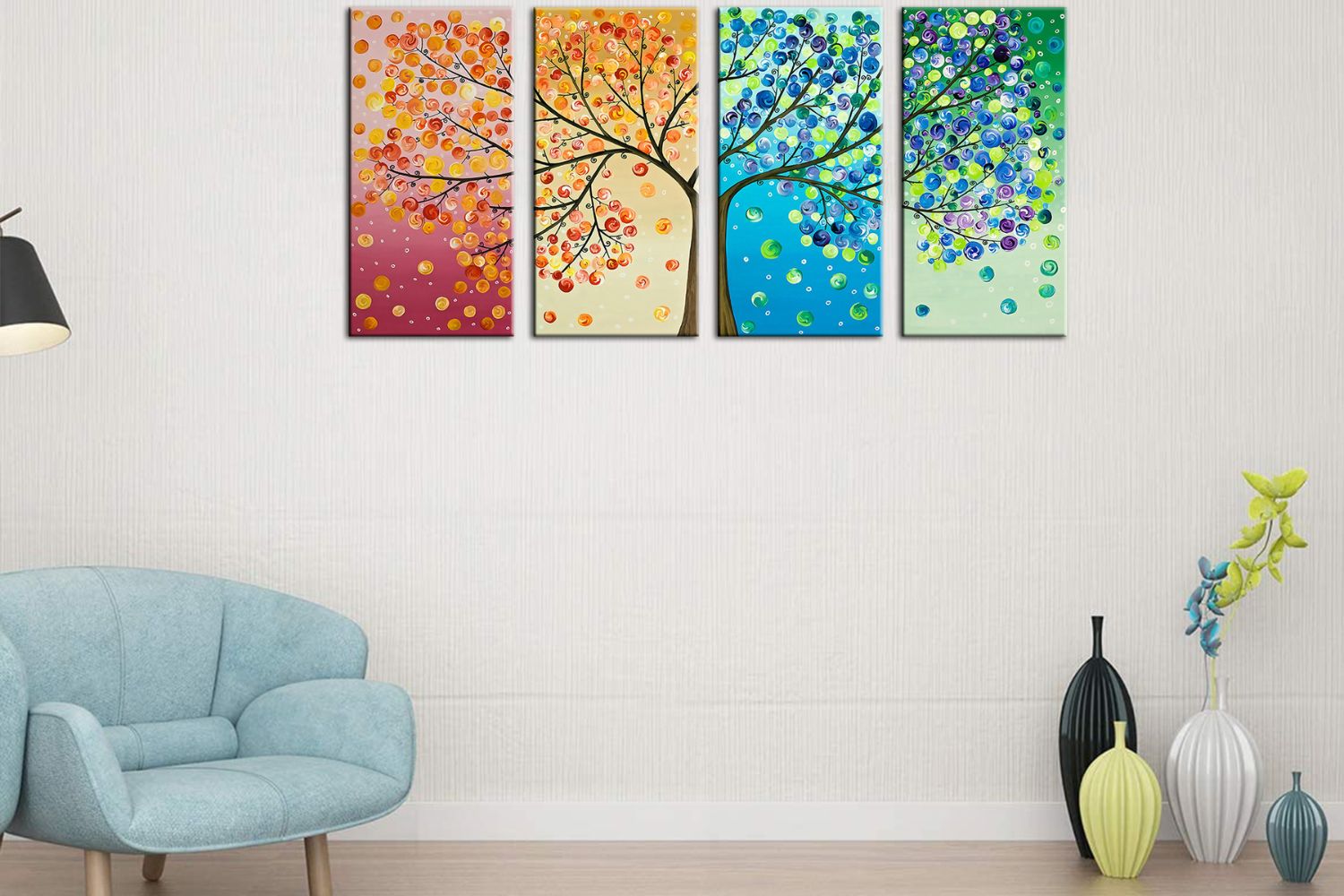 TREE IN COLOURS - Frameless Canvas Print Wall Art (80cmx40cm) (4 Panels)