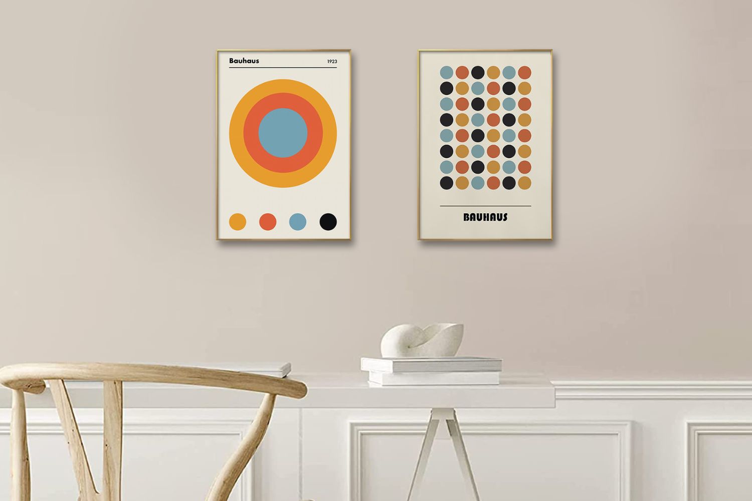 BAUHAUS DOTS POSTER - Wood Colour Framed Canvas Print Wall Art (80cm x ...