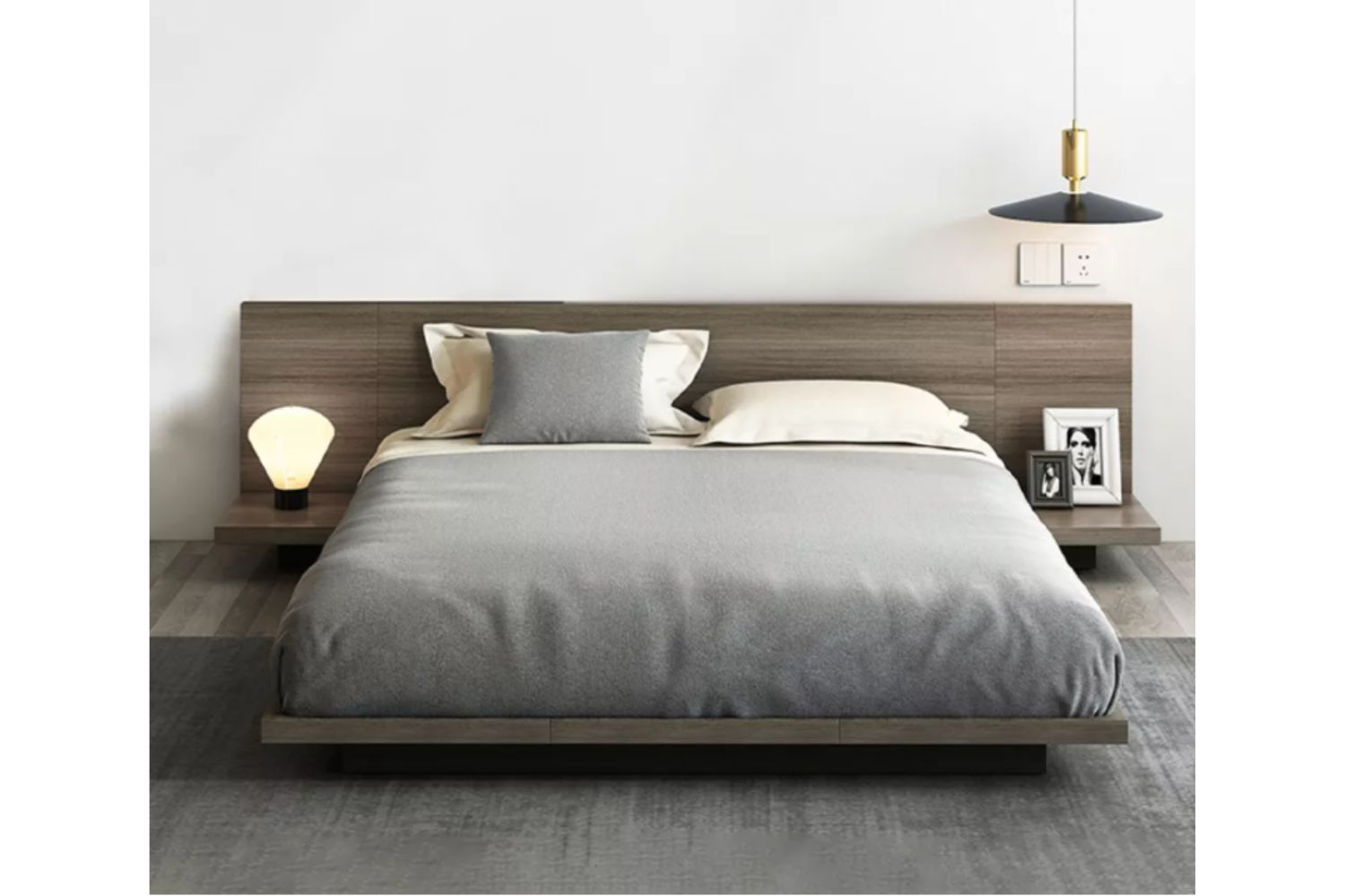 YORU Japanese Bed Base with Headboard in Queen/Super King Size (Dark Grey)