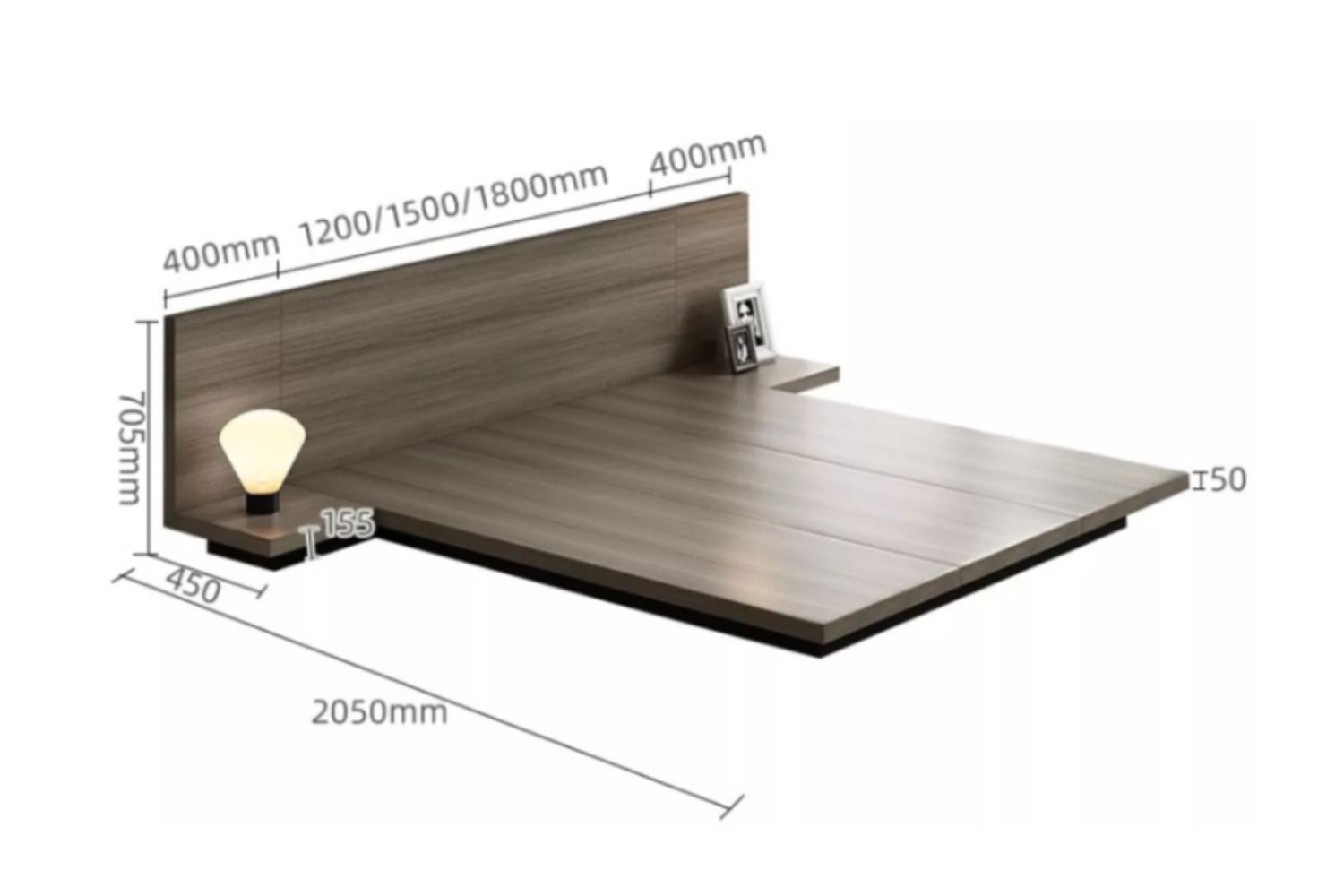 YORU Japanese Bed Base with Headboard in Queen/Super King Size (Dark Grey)