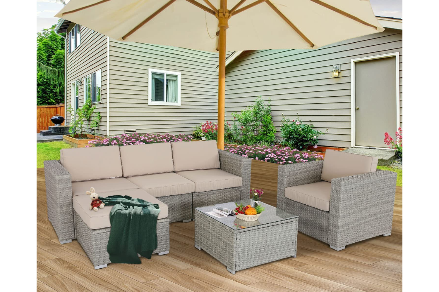 HAMPTON 6PC Outdoor Modular Patio Sofa Set (Grey /Khaki)