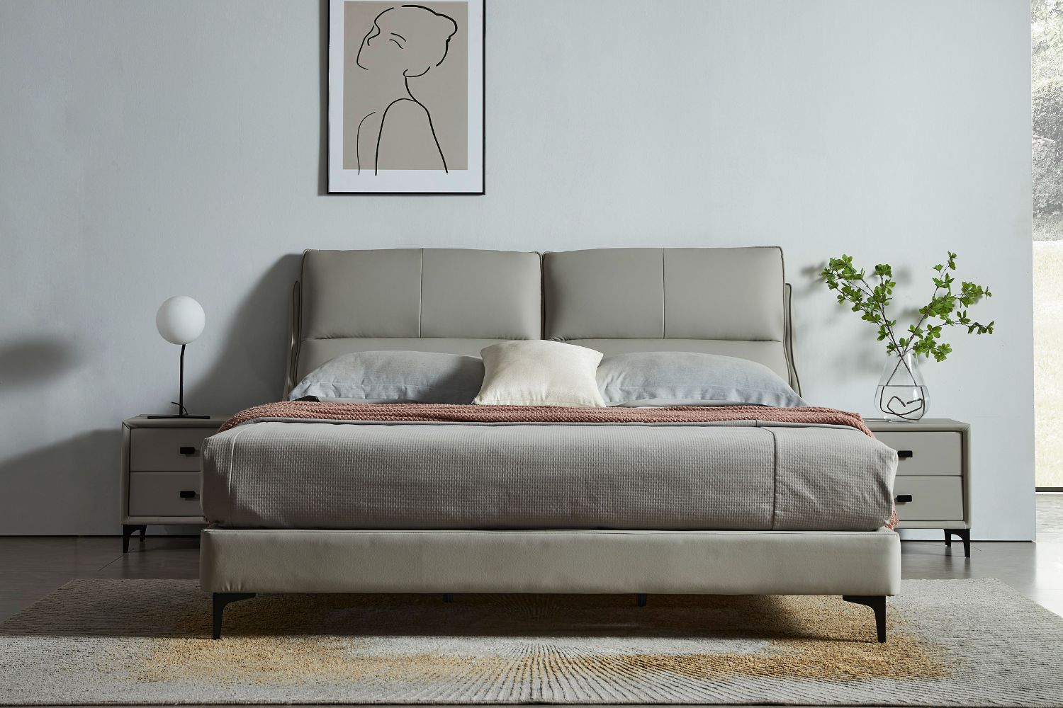 ROMEO Genuine Leather Queen/King Size Bed Frame (Light Grey)