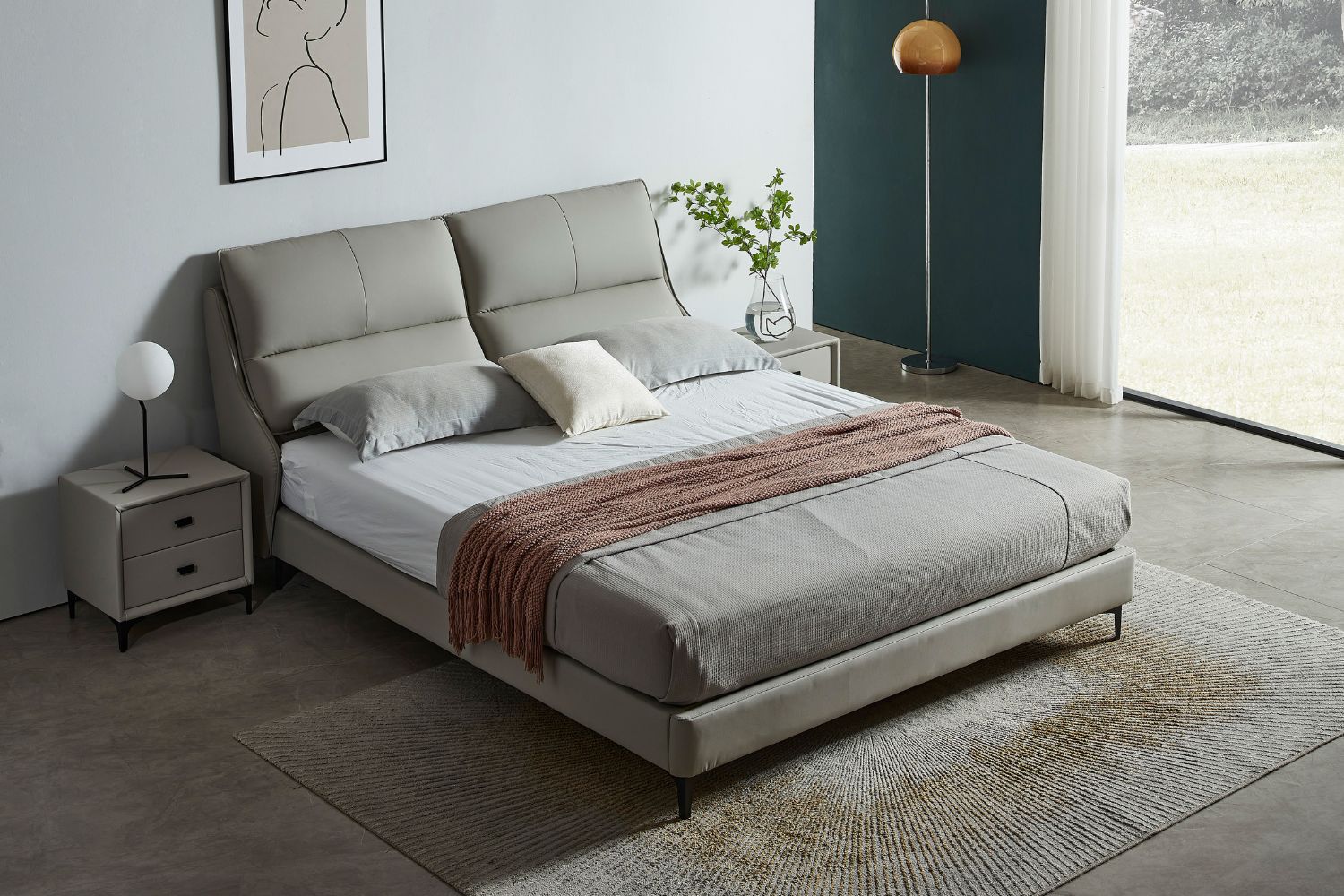 ROMEO Genuine Leather Bed Frame (Light Grey) - Queen