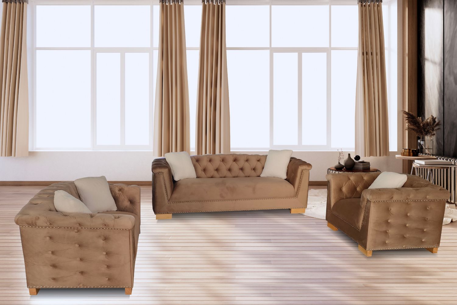 MALMO Velvet Sofa Range with Pillows (Brown) - 3 Seater