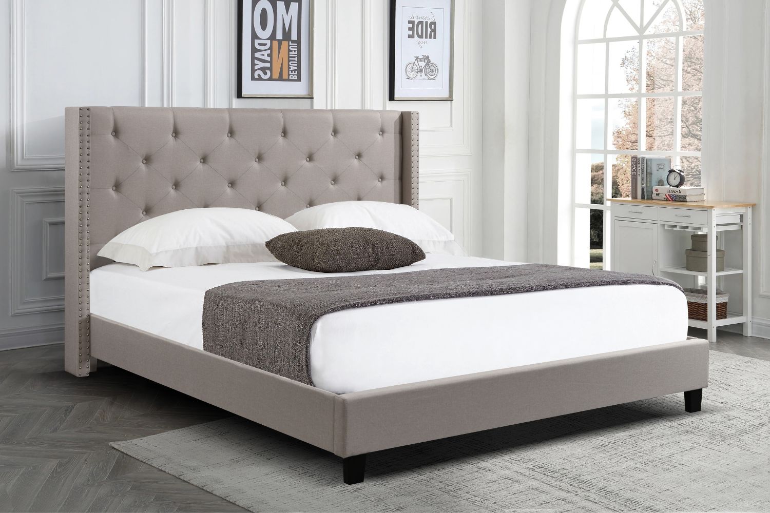 ELY Fabric Bed Frame in Queen/King Size (Beige)