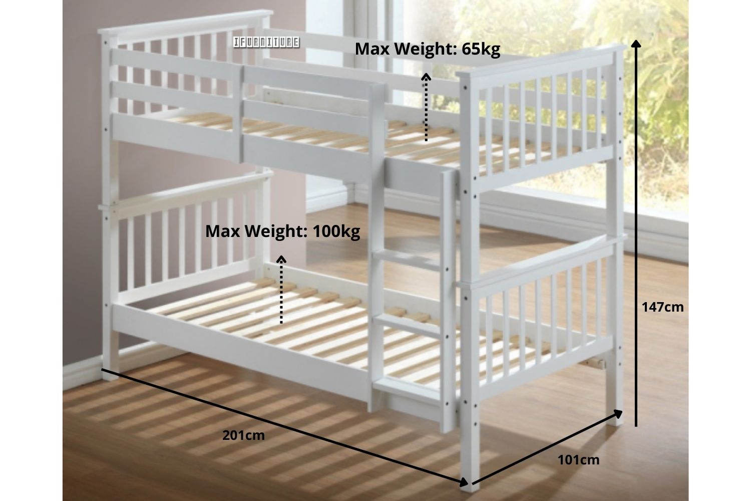 STARLET Single-Single Solid Pine Bunk Bed Frame (White)