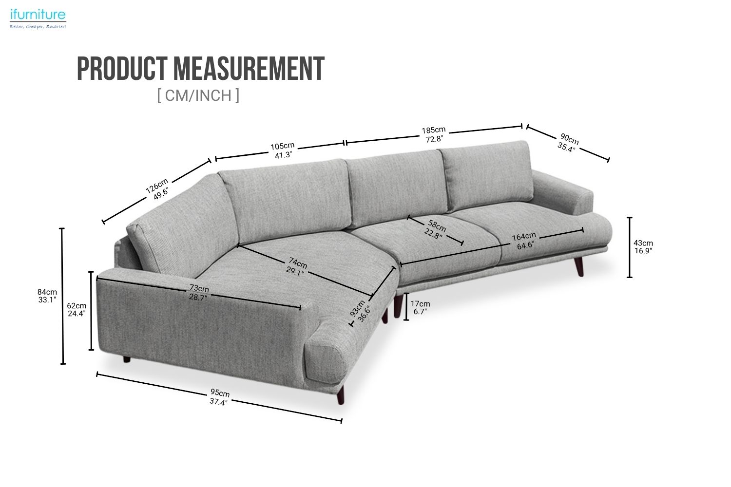 BIANCA Angular Chaise Sofa (Light Grey)