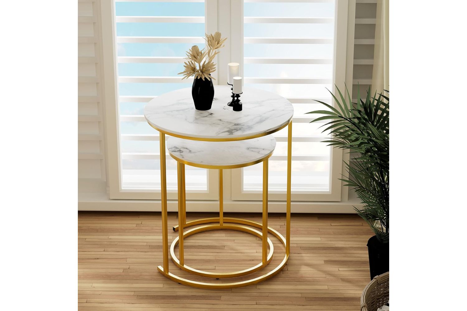 AYDAN Nesting Side Table with White Marble Top and Gold Legs