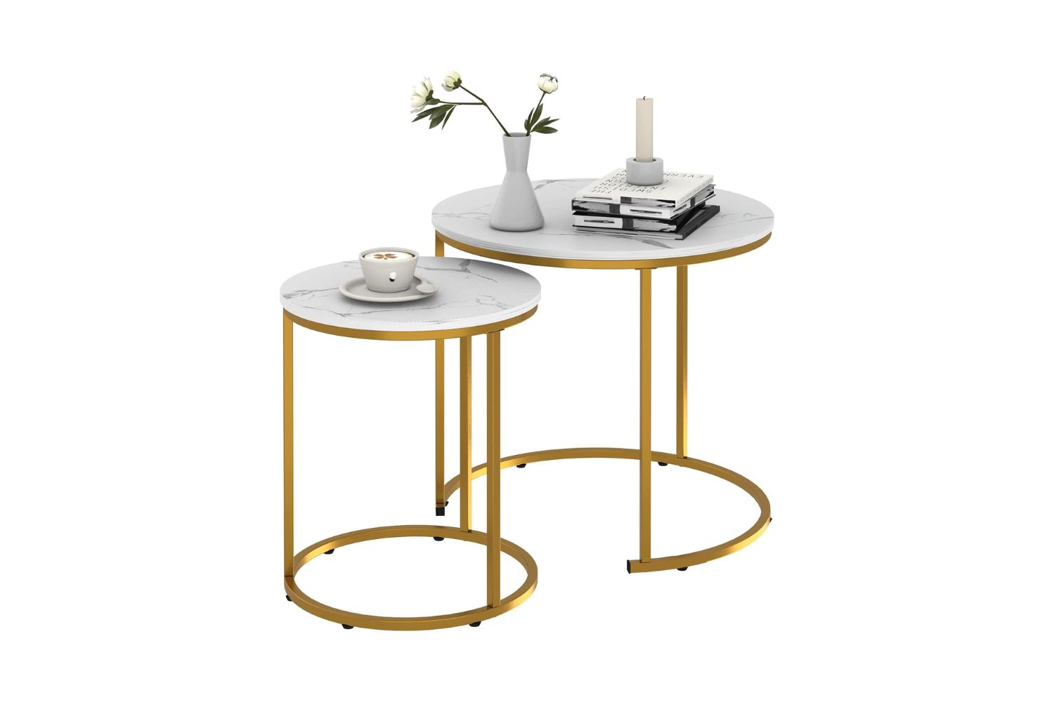 AYDAN Nesting Side Table with White Marble Top and Gold Legs