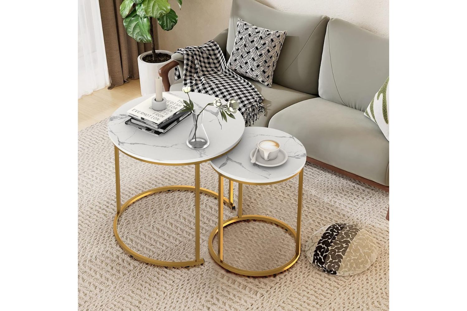 AYDAN Nesting Side Table with White Marble Top and Gold Legs