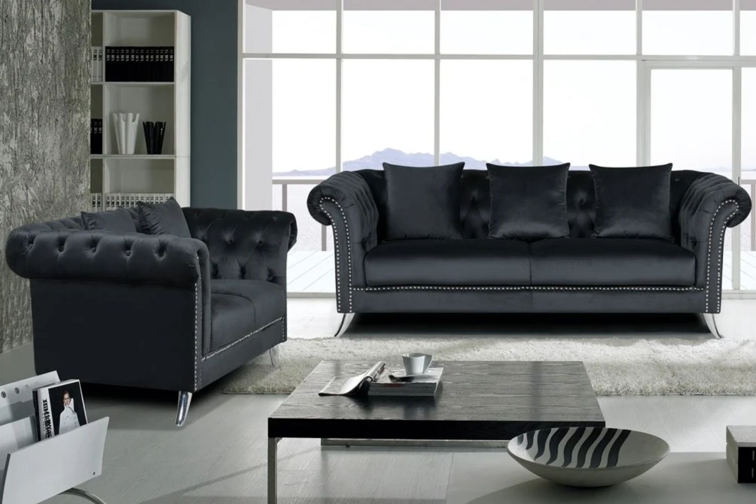 JOLANDA 3/2 Seater Chesterfield Fabric Sofa Range (Black)