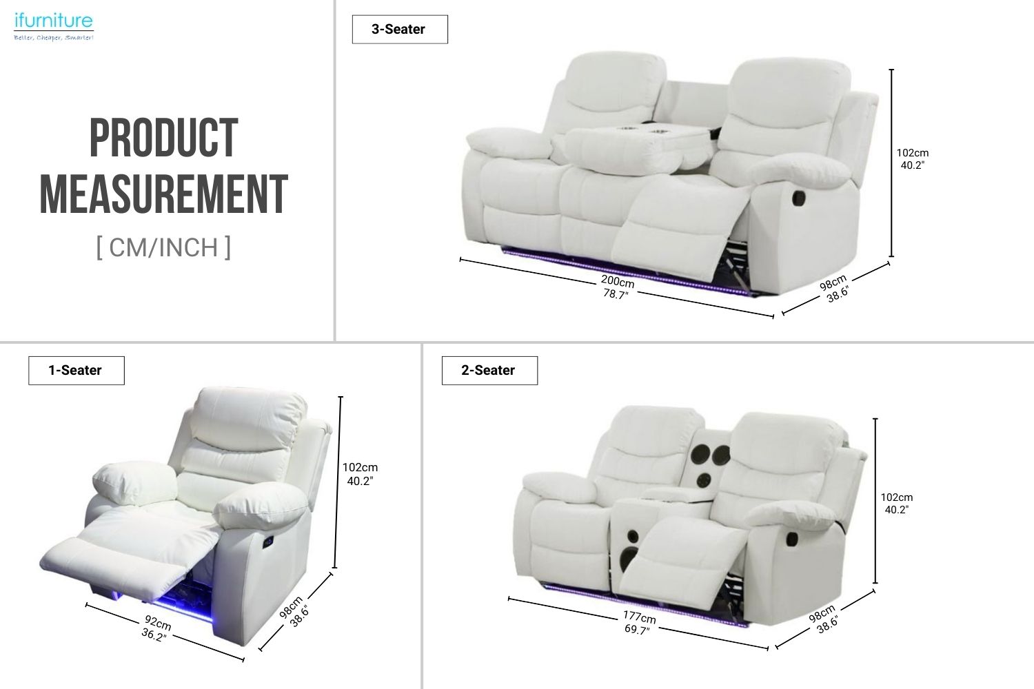 MODENA Reclining Sofa Range with LED & Speaker (White)