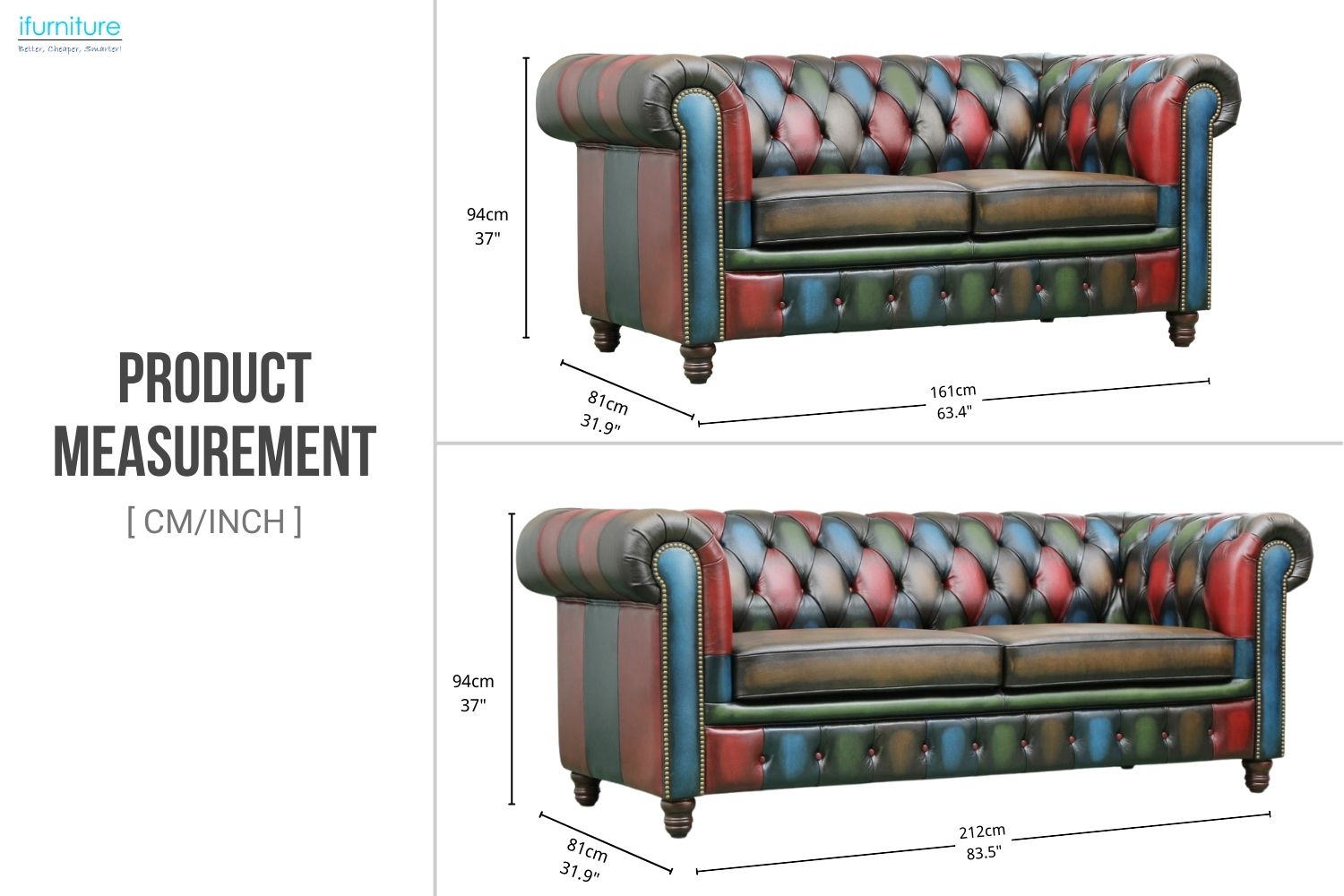 WILLIFORD 3/2 Seater 100% Genuine Leather Chesterfield Patchwork Sofa ...