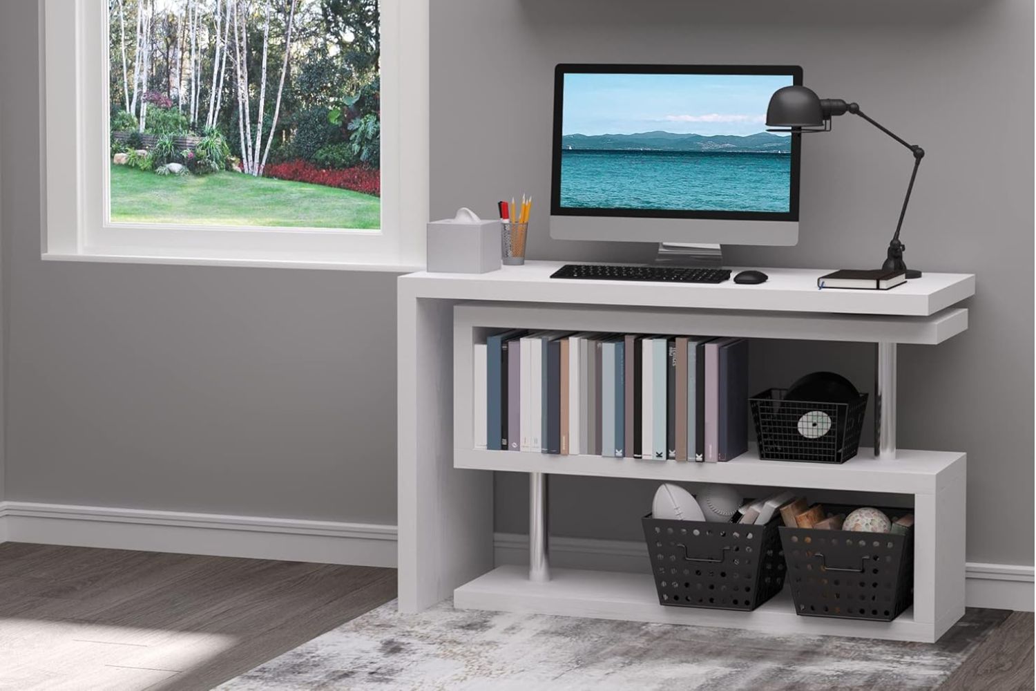 MACIE 360° Rotate Office Desk with Shelf (High Gloss White)