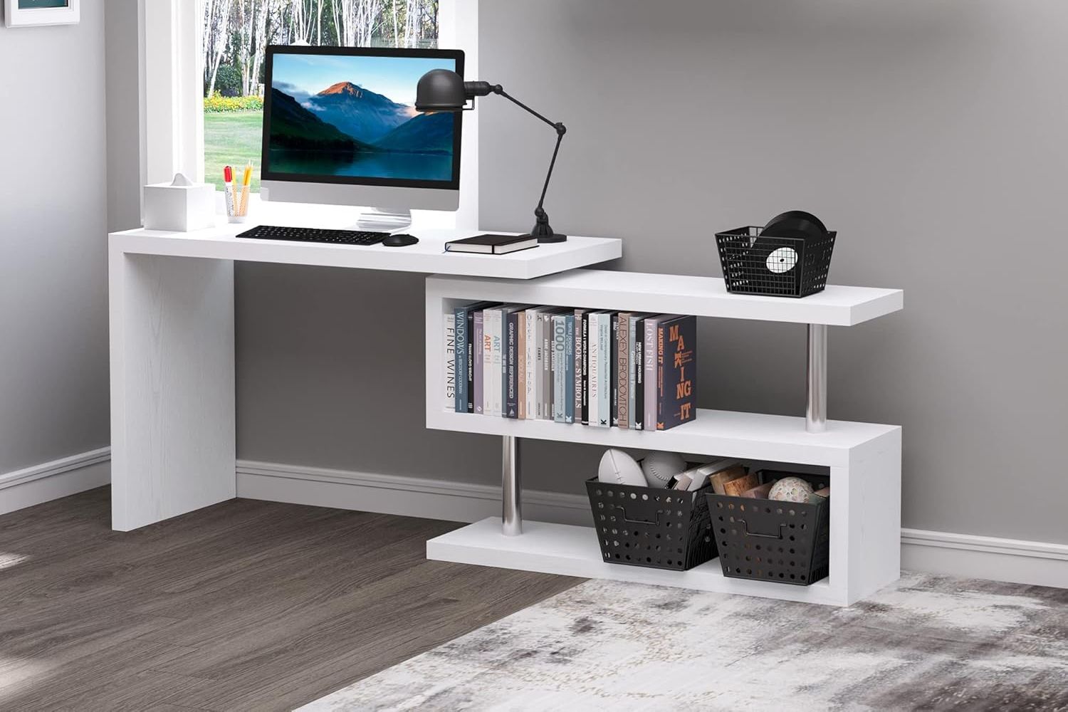 MACIE 360° Rotate Office Desk with Shelf (High Gloss White)