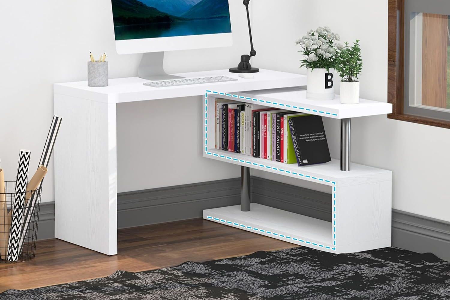MACIE 360° Rotate Office Desk with Shelf (High Gloss White)