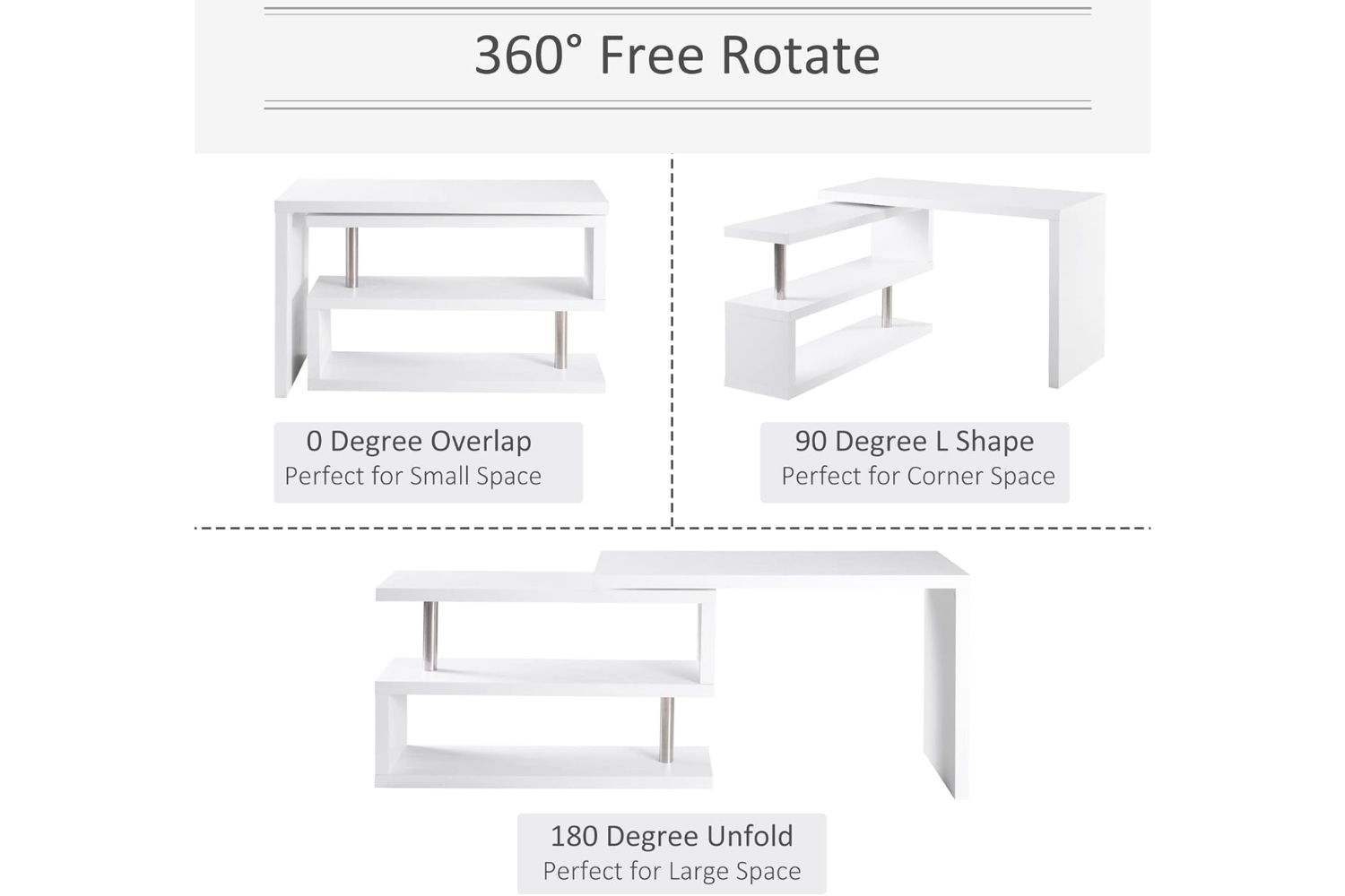 MACIE 360° Rotate Office Desk with Shelf (High Gloss White)