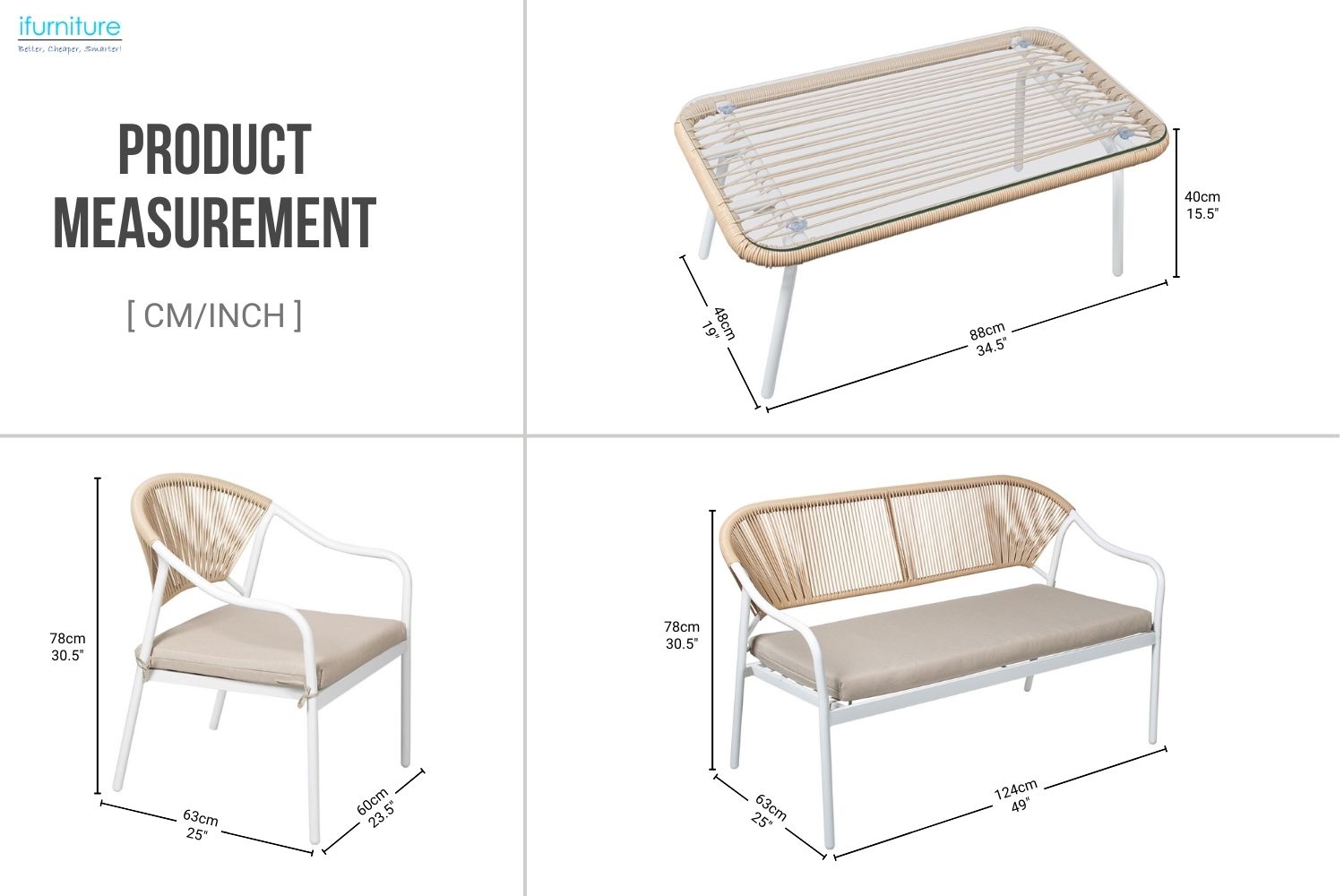 KUTAA 4PC Outdoor Lounge Set with Coffee Table
