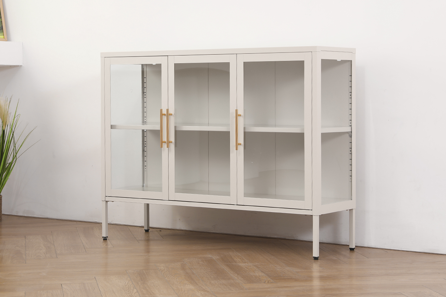 STARK Steel Frame 90x120cm 3-Door Transparent Glass Display Cabinet (Cream)