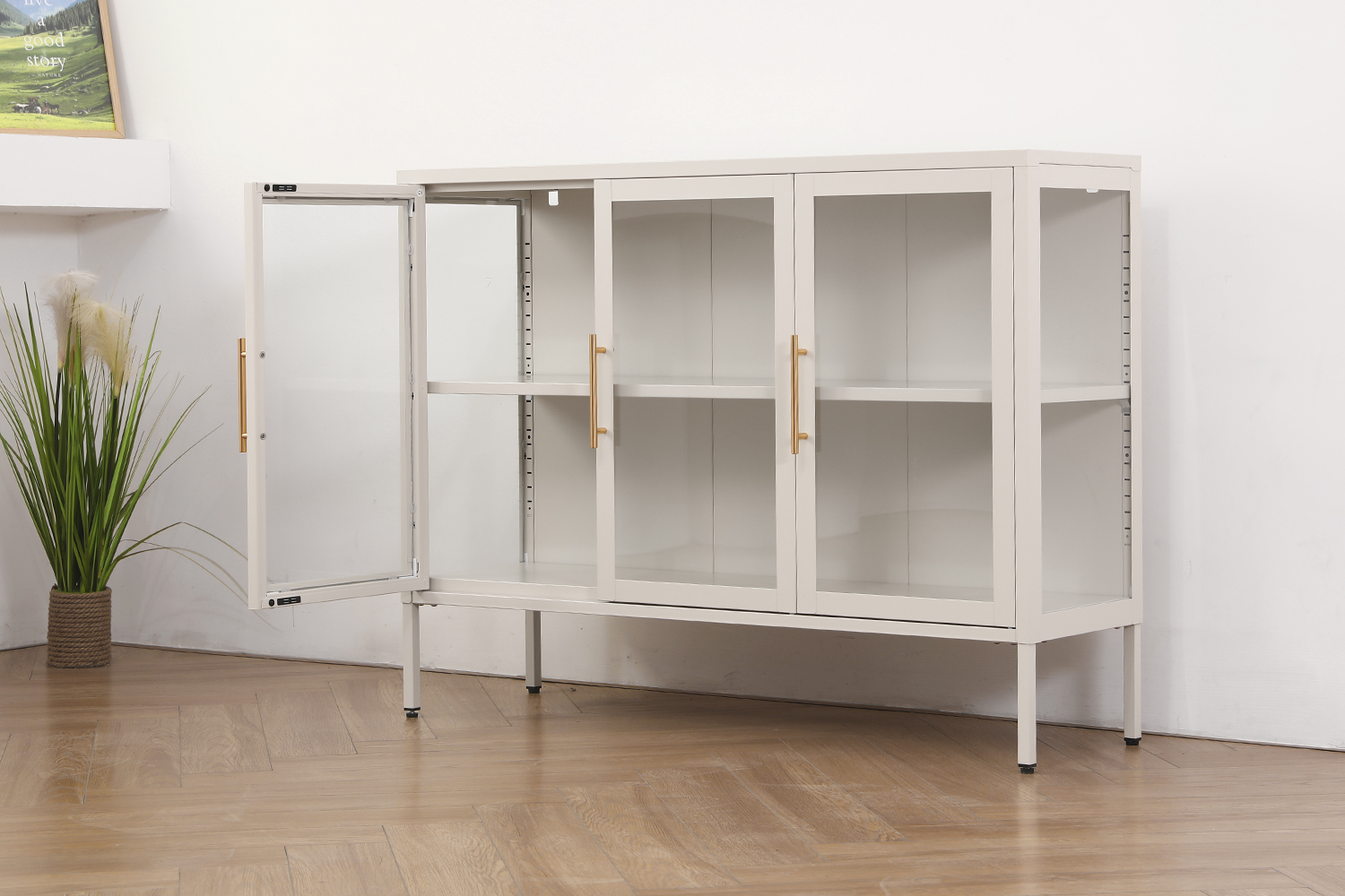 STARK Steel Frame 90x120cm 3-Door Transparent Glass Display Cabinet (Cream)
