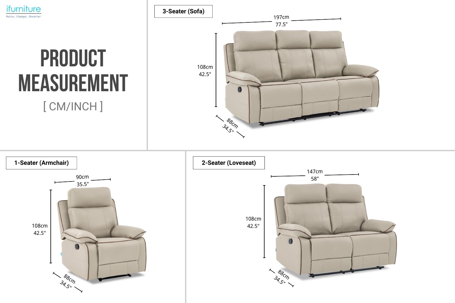 SORIANO Air Leather Manual Reclining Sofa Range (Greige) - 3 Seat ...