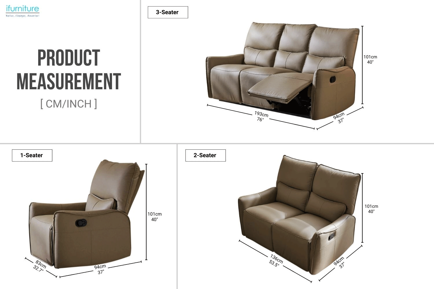 NICOLE Genuine Leather Manual Reclining Sofa Range - 3RR + 2RR + 1R Sofa Set