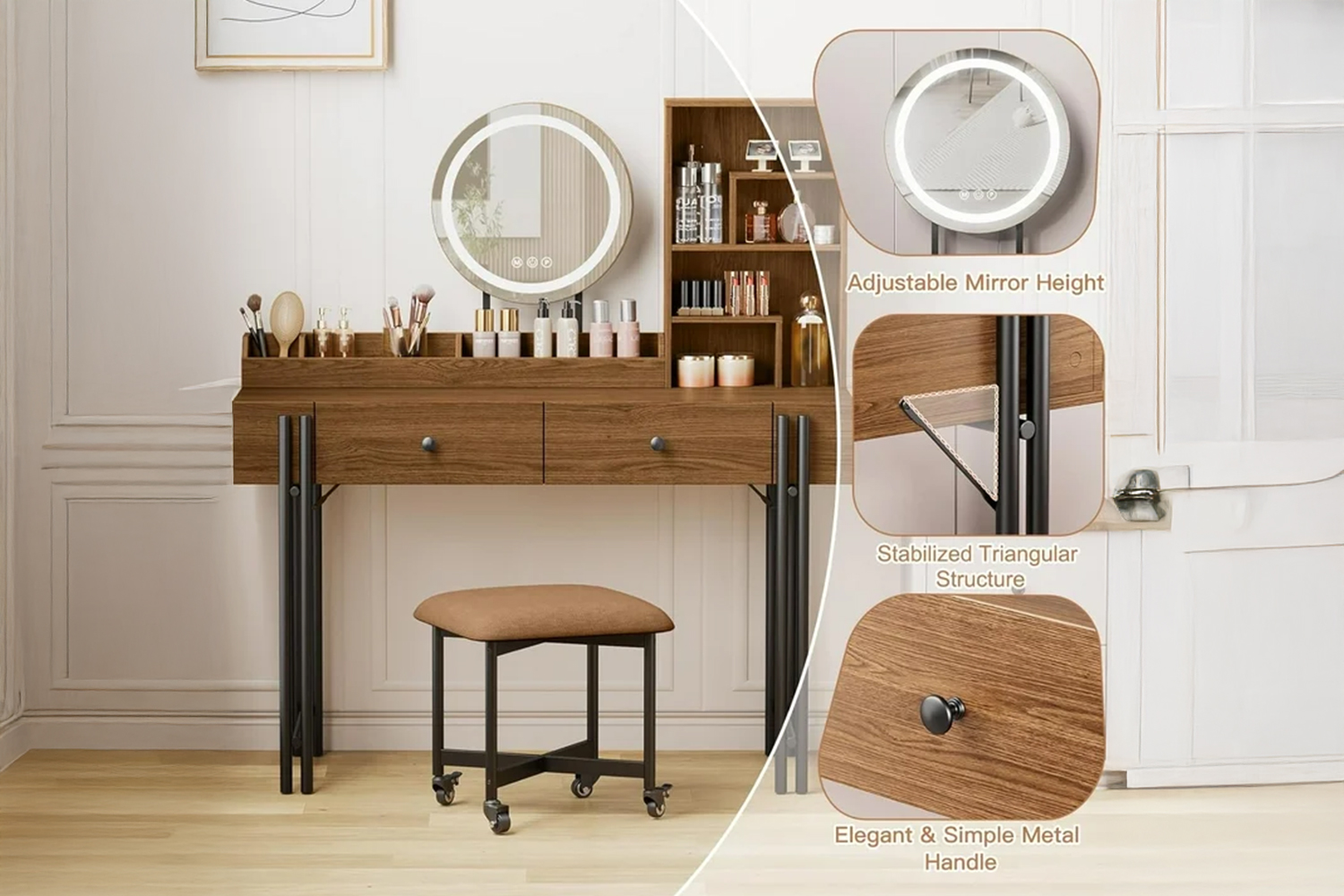 RISSMY Dressing Table with LED Mirror and Swivel Makeup Stool Set