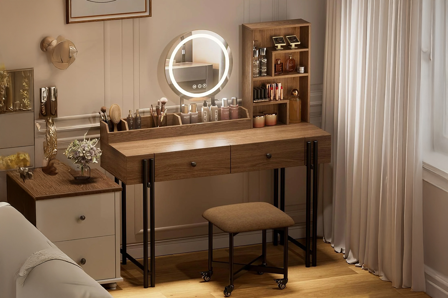 RISSMY Dressing Table with LED Mirror and Swivel Makeup Stool Set