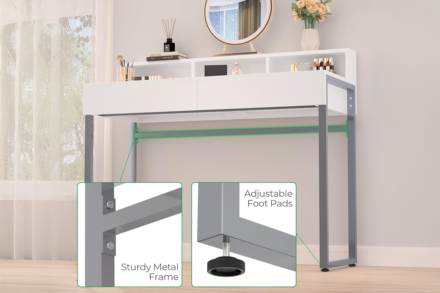 ALSTON 100 White Gloss Office Desk/Vanity Desk with 2 Drawers