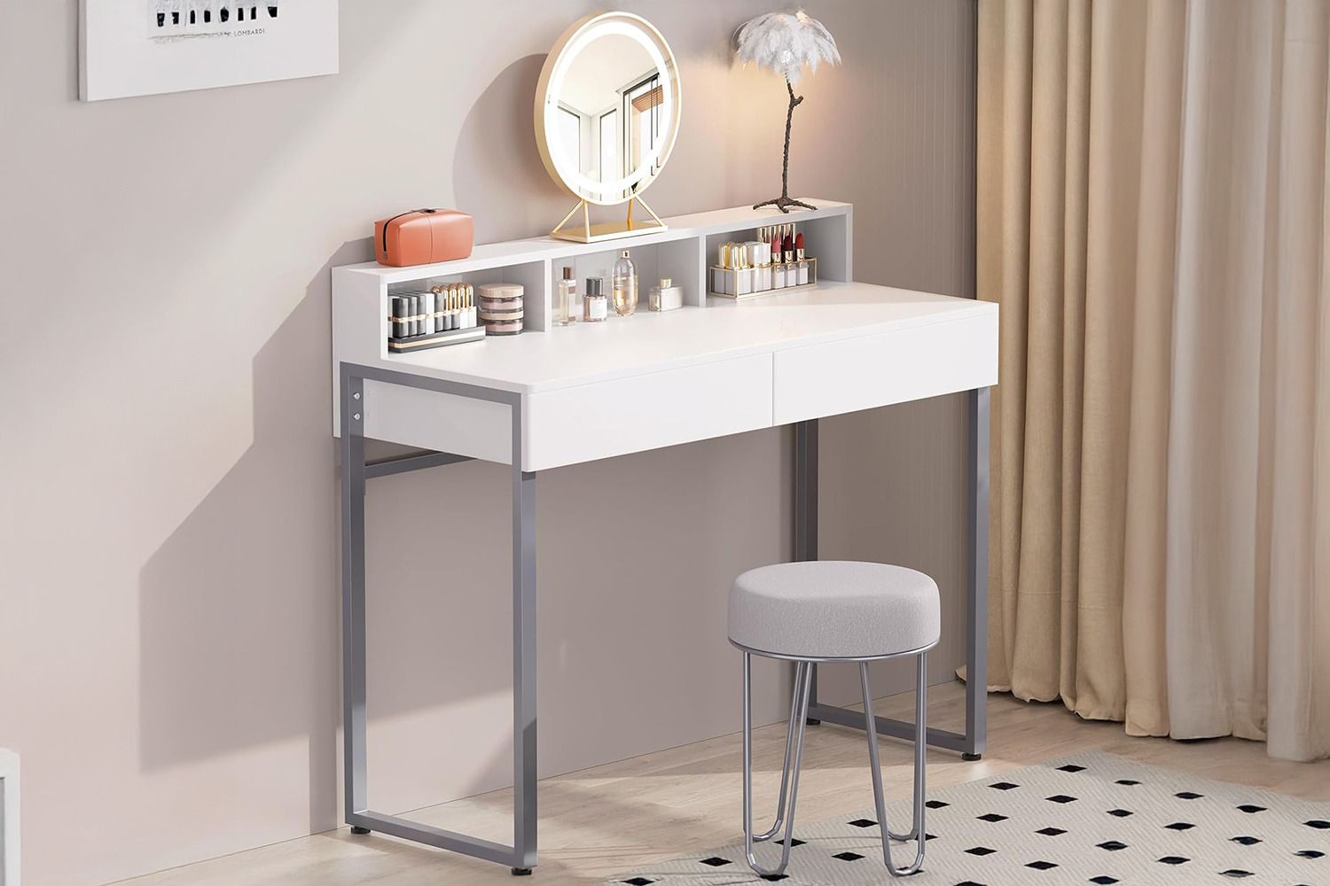 ALSTON 100 White Gloss Office Desk/Vanity Desk with 2 Drawers