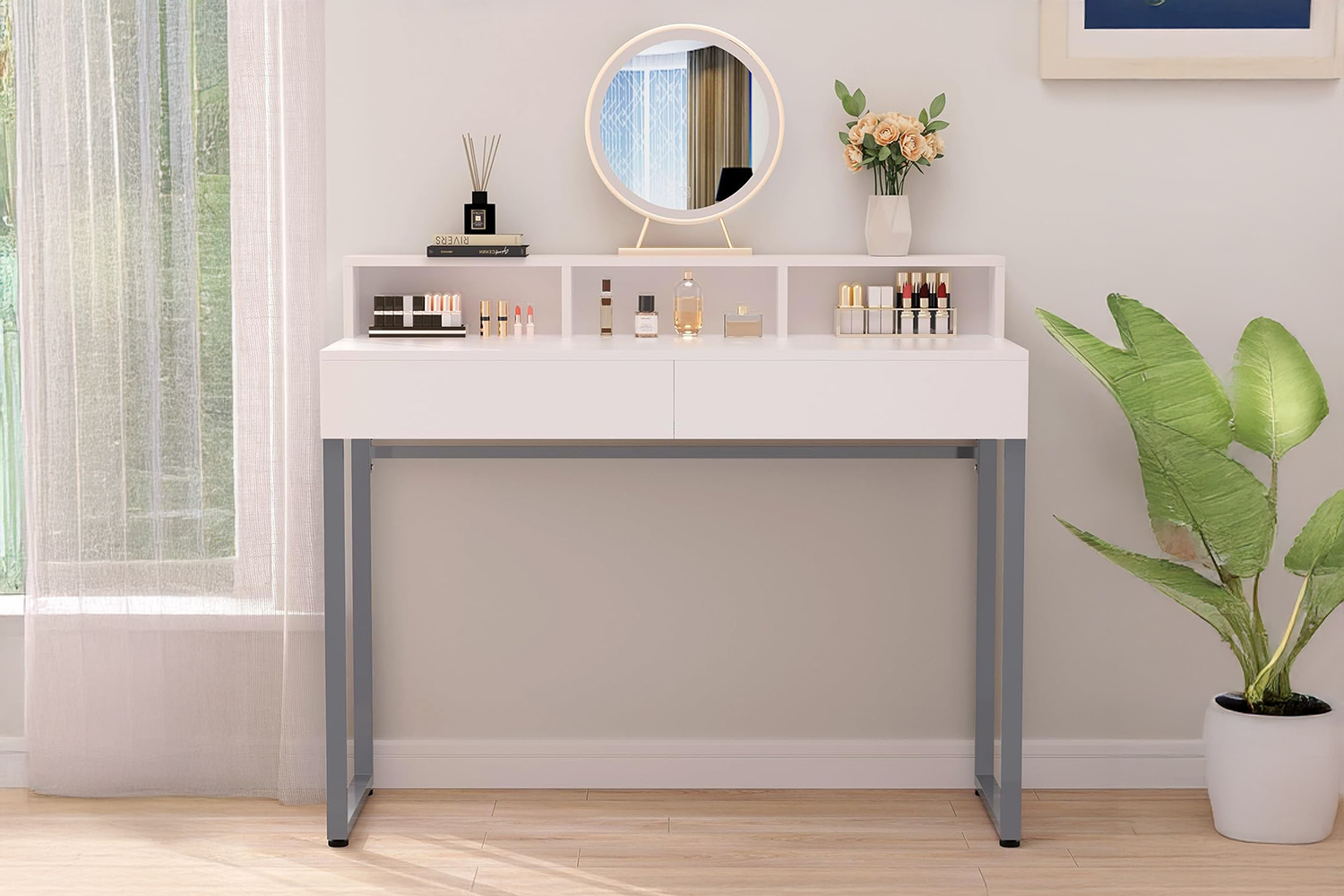 ALSTON 100 White Gloss Office Desk/Vanity Desk with 2 Drawers