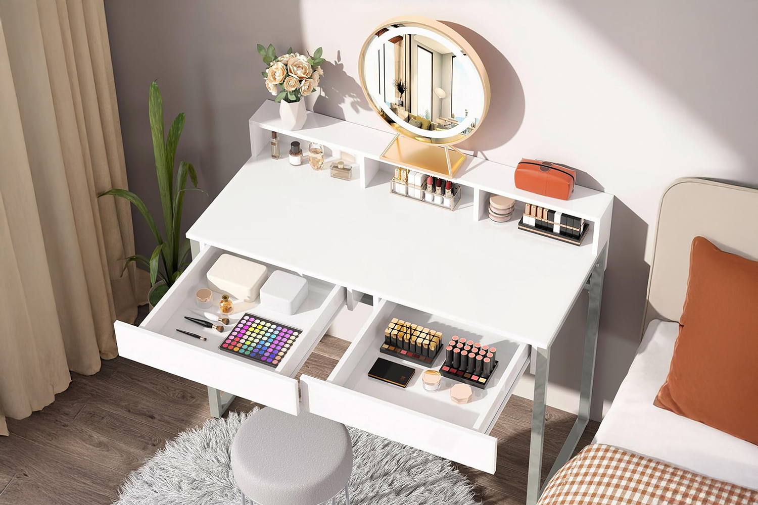 ALSTON 100 White Gloss Office Desk/Vanity Desk with 2 Drawers