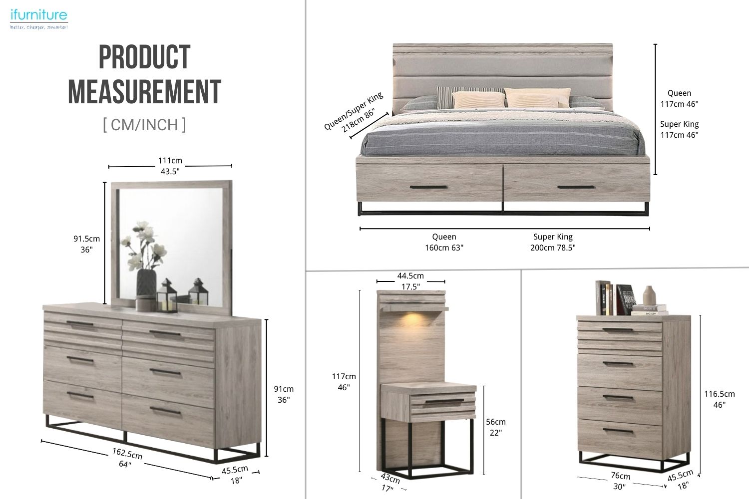 WESTDEN 3PC/4PC/5PC/6PC Bedroom Combo Set with Side Pier in Queen ...