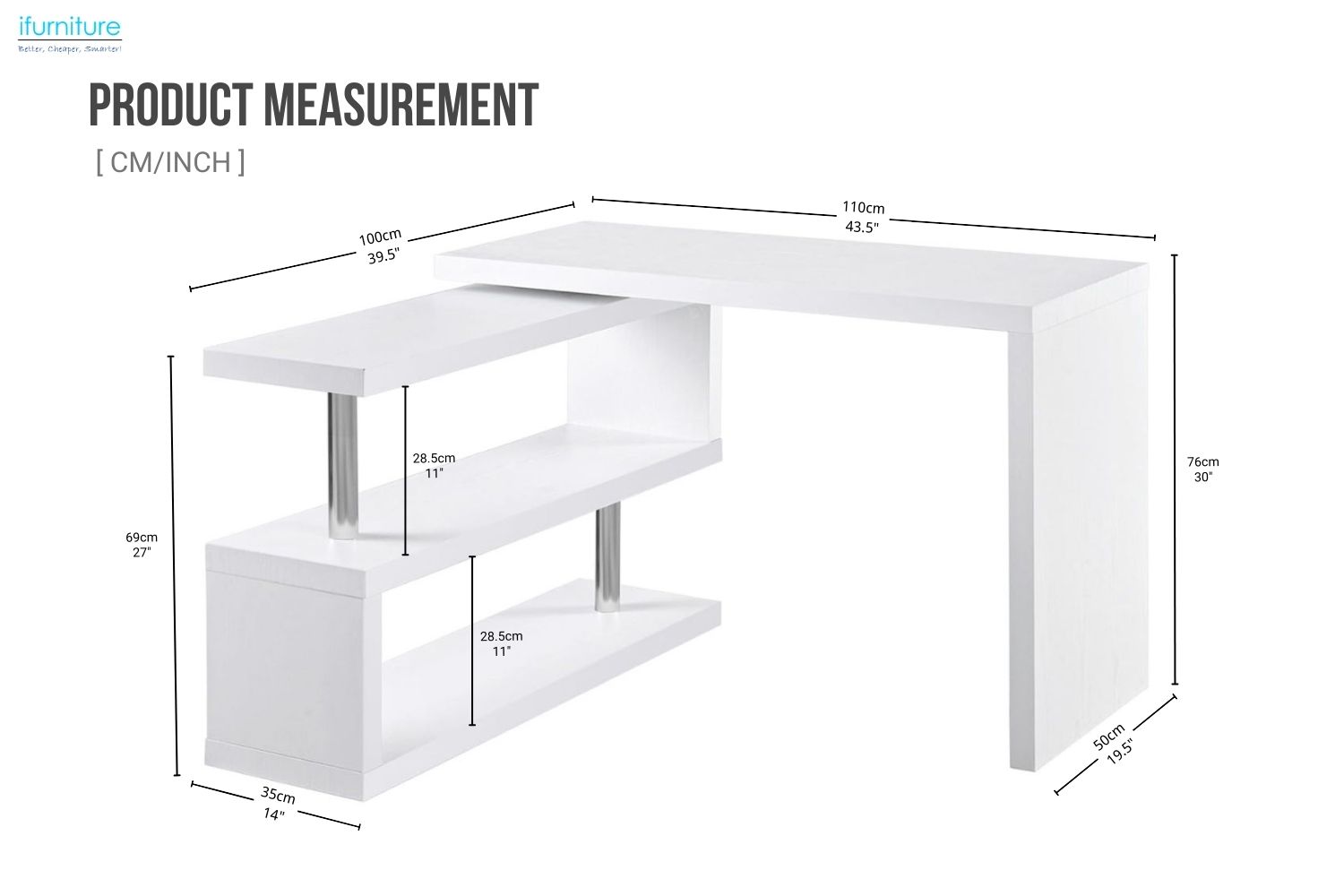 MACIE 360° Rotate Office Desk with Shelf (High Gloss White)