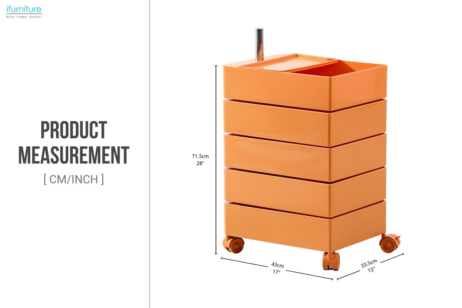 GAVIN Rotating 5 Tier Utility Drawer Wheel Trolley (Orange)