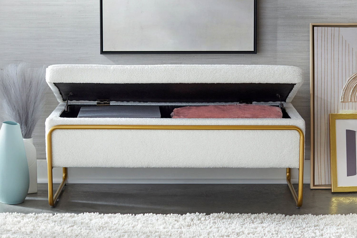 SEIDON Rectangular Storage Fabric Ottoman (White)