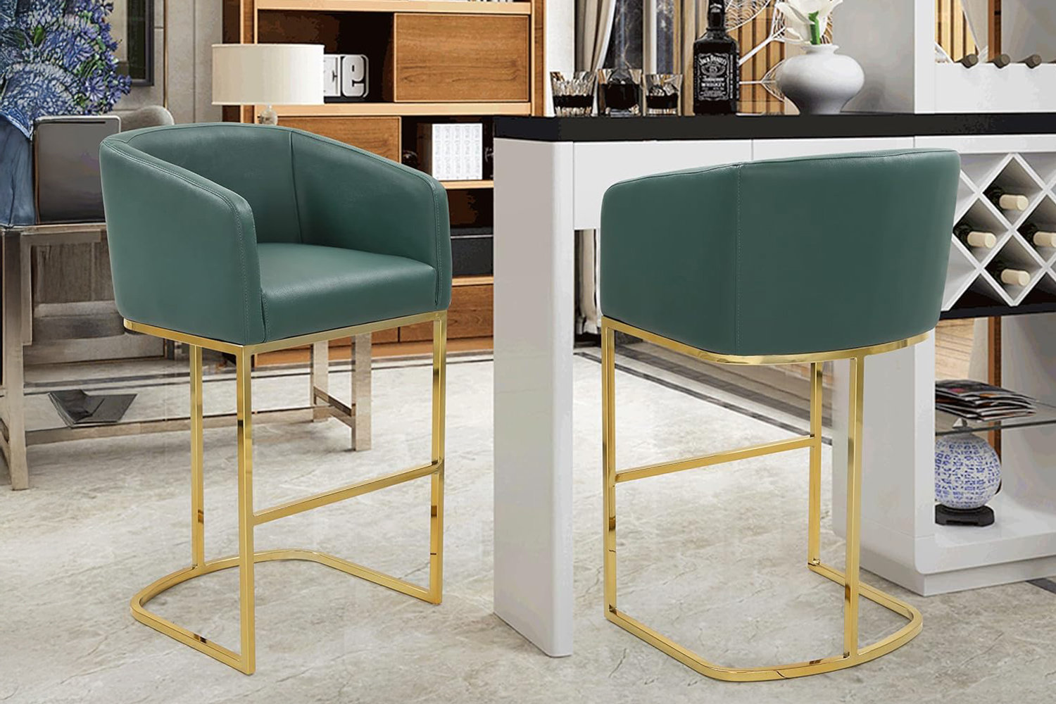 TRYTON 74 Bar Height Bar Stool with Arms & Golden Finish Base (Green)