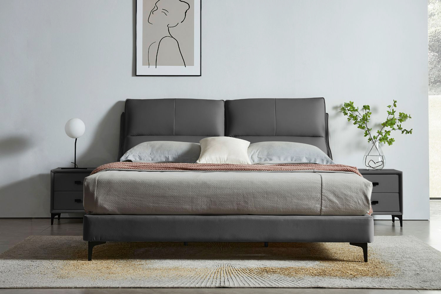 ROMEO Genuine Leather Bed Frame (Dark Grey) - King