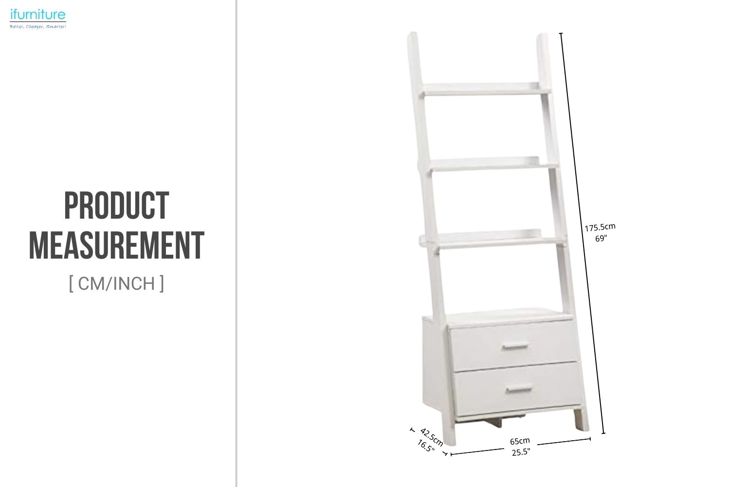 ELARA Ladder Bookshelf with 3 Open Shelves & 2 Storage Drawers (White)