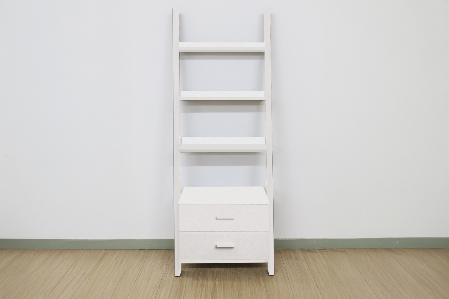 ELARA Ladder Bookshelf with 3 Open Shelves & 2 Storage Drawers (White)