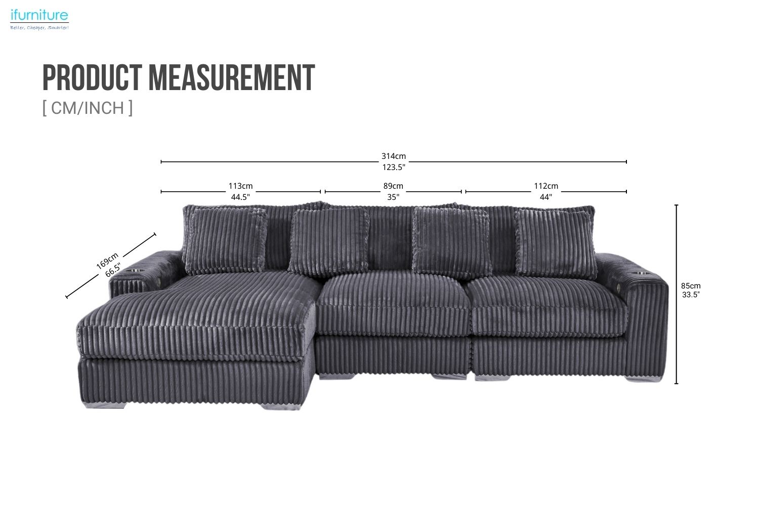 WINSTON Premium Corduroy Modular Sectional Sofa with Cup Holders & USB ...
