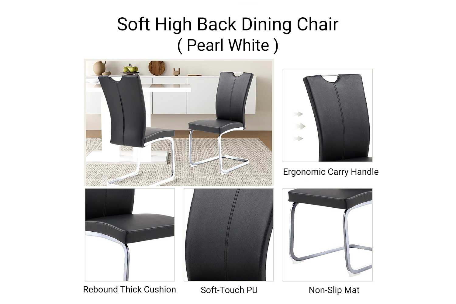 EDAN High Back Dining Chair with Chromed Base (Elegant Black)