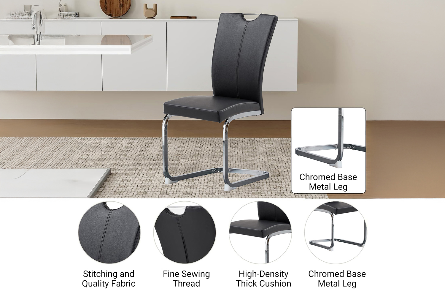 EDAN High Back Dining Chair with Chromed Base (Elegant Black)