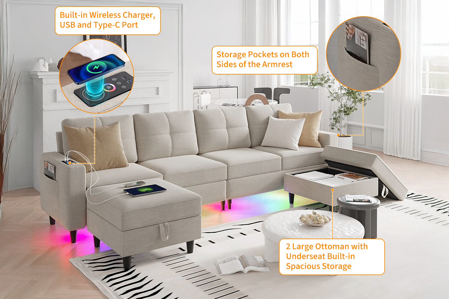 KINSLEY Modular Sectional Sofa with Wireless Charging, USB & Type-C ...