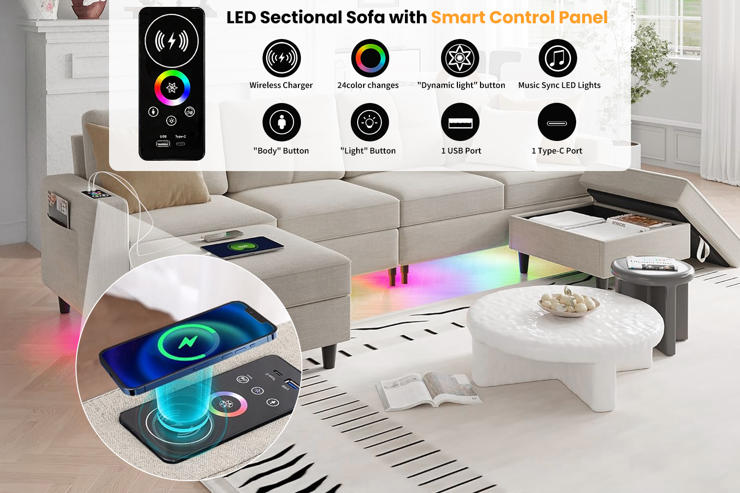 KINSLEY Modular Sectional Sofa with Wireless Charging, USB & Type-C ...